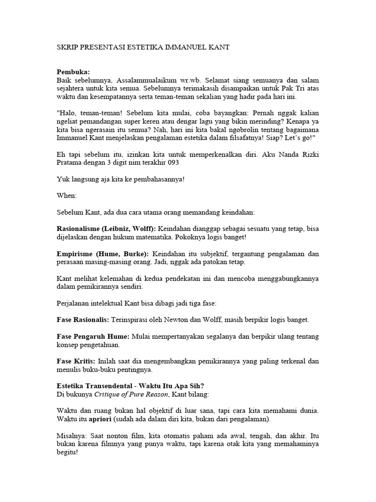 Skrip Presentasi Estetika Immanuel Kant | PDF