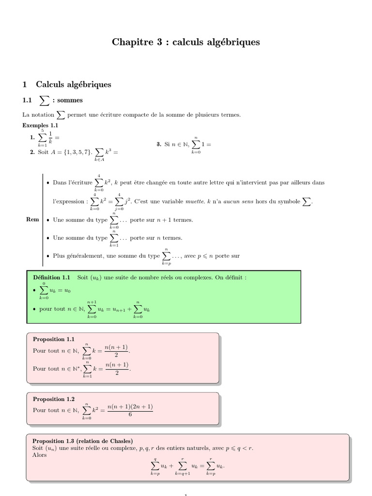 Calculs algébriques et sommes | PDF | Algèbre générale | Mathématiques