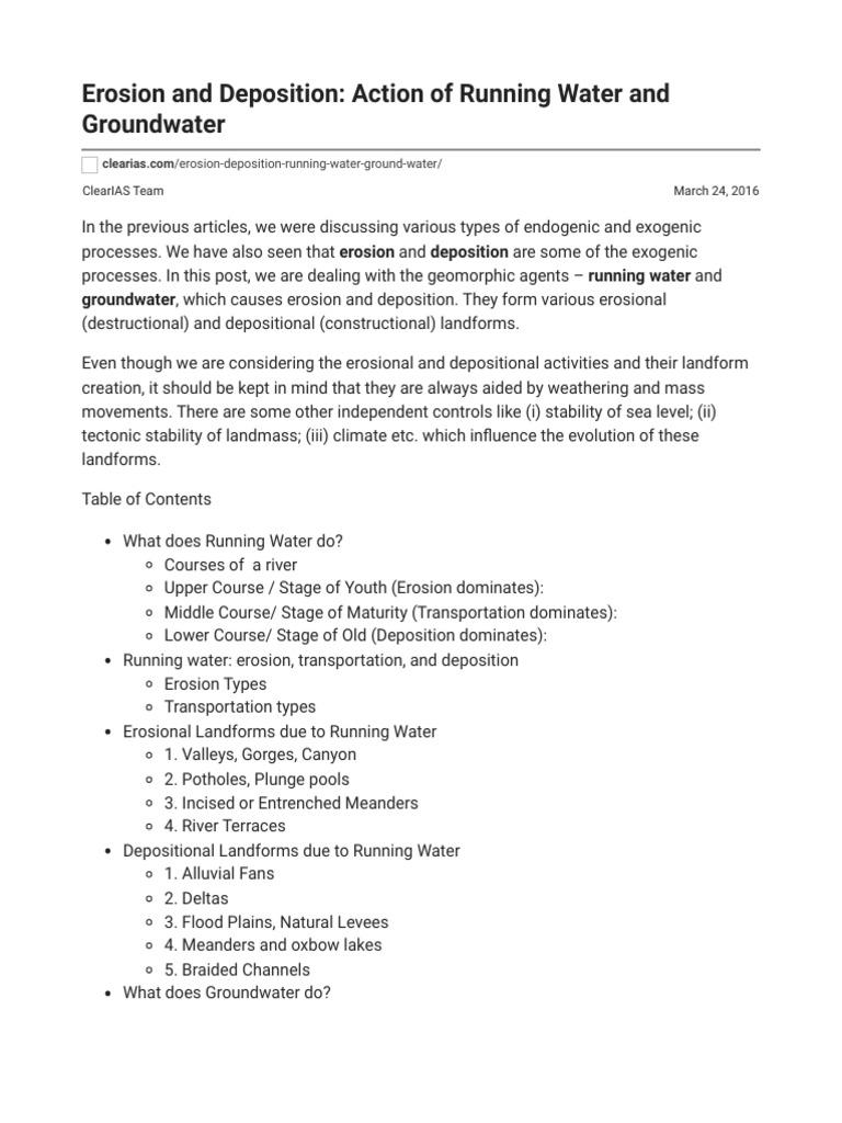 Erosion and Deposition - Action of Running Water and Groundwater | PDF ...