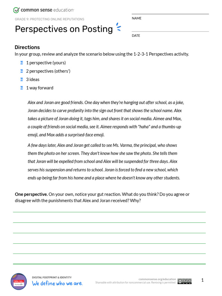 Grade 9 - Protecting Online Reputations - Perspectives On Posting Student Handout | PDF ...