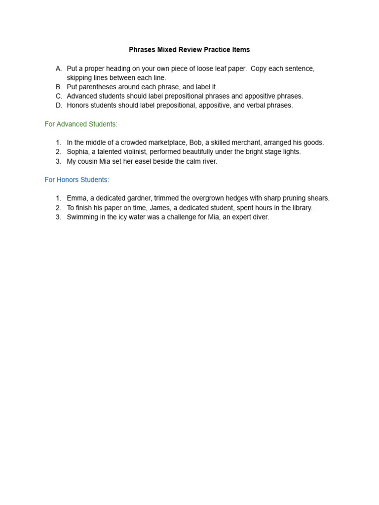 Phrases Mixed Review Practice Items | PDF