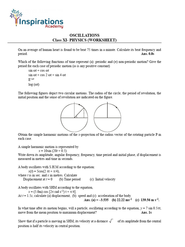 Class Xi Oscillations (Worksheet) - 1 | PDF | Oscillation | Classical ...
