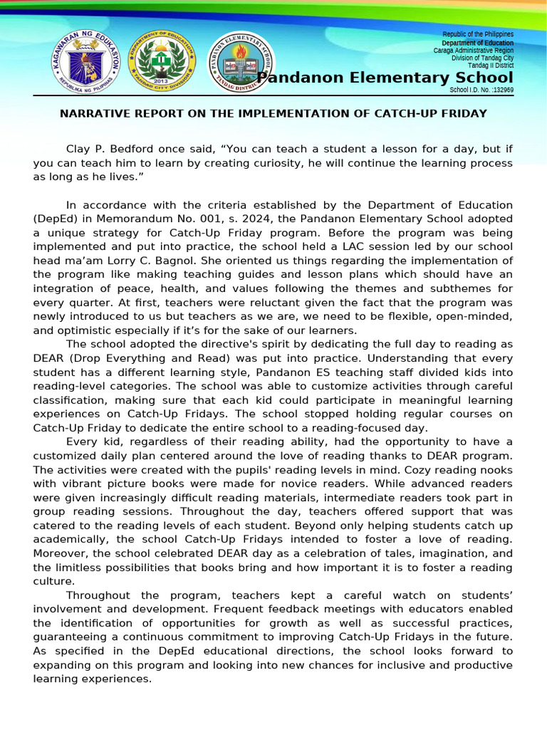 Catch Up Friday Narrative Report | PDF | Learning | Education Theory