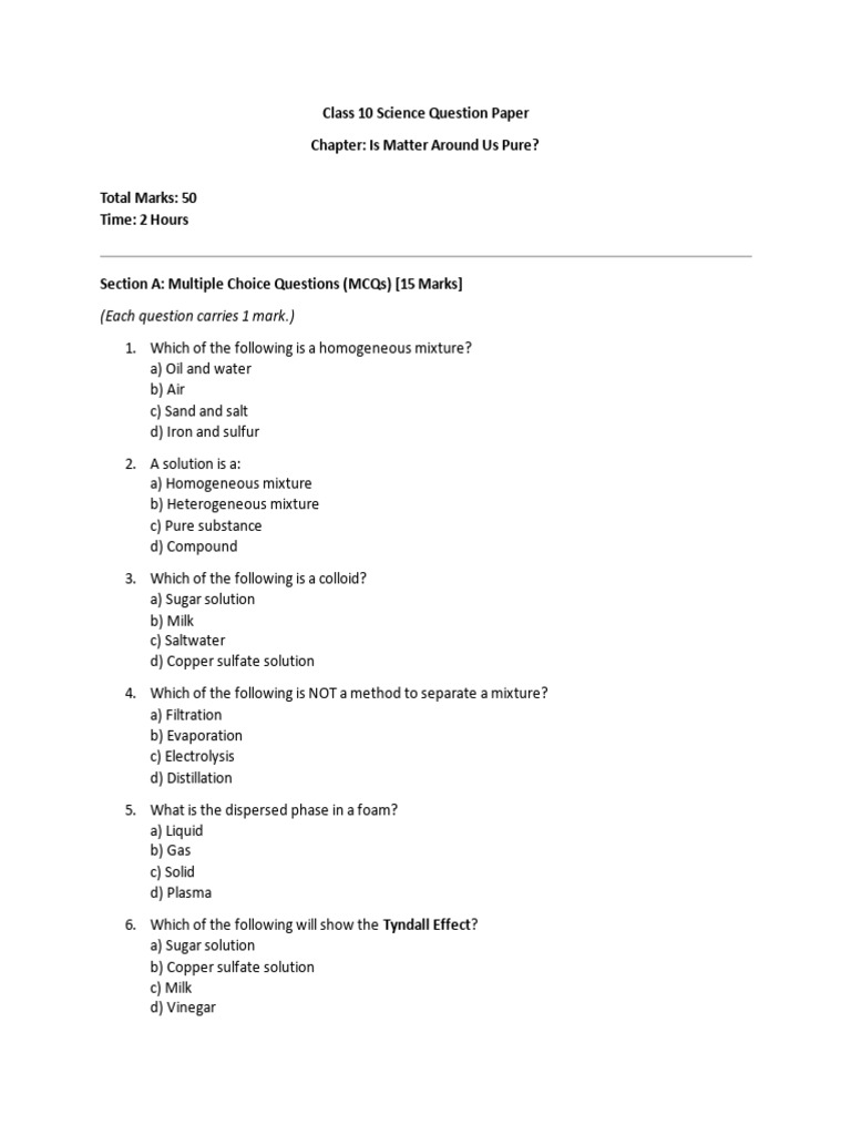 Science Test Paper - Chapter 2 (IS MATTER AROUND US PURE) | PDF ...
