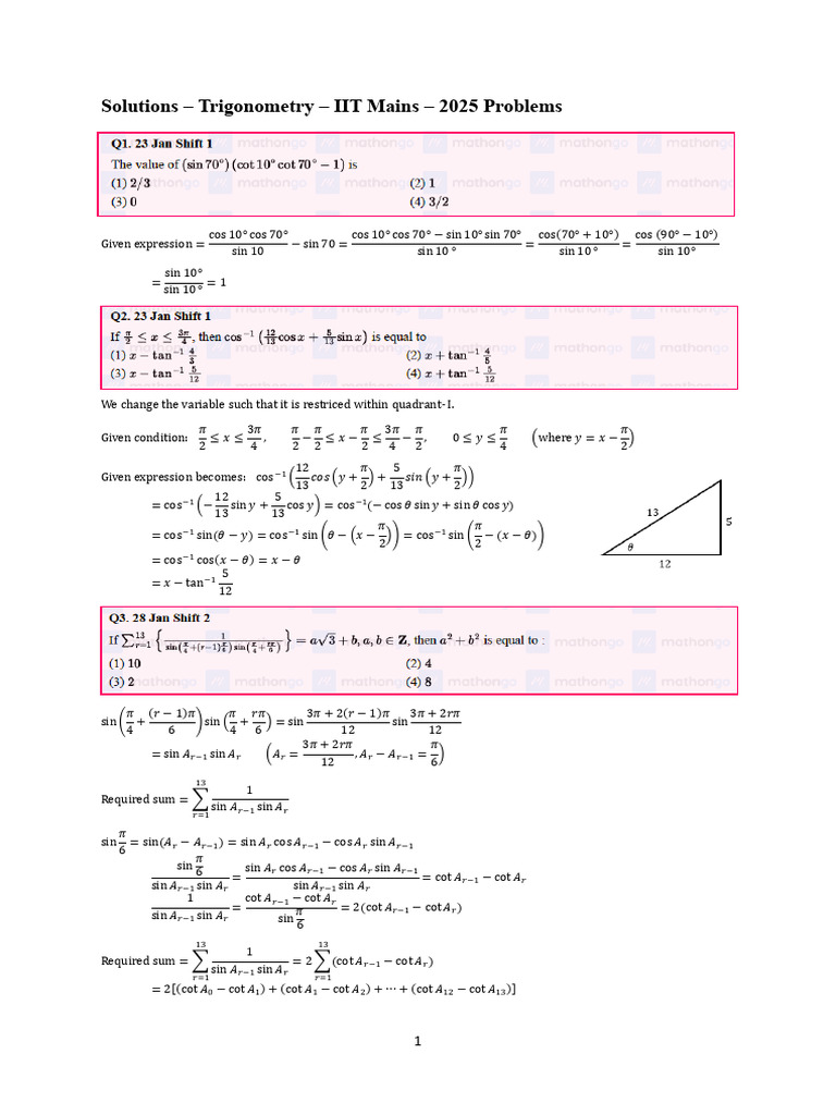 IIT Maths 2025 Trigonometry Solution | PDF | Equations | Mathematical Concepts