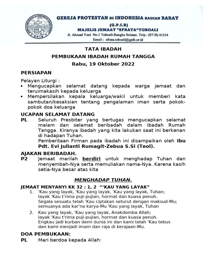 Tata Ibadah Rumah Tangga Efrata | PDF
