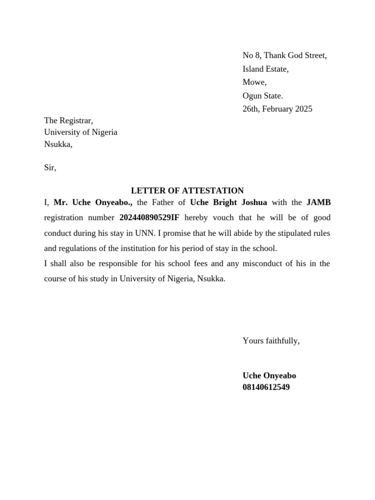 Attestation Letter for UNN Admission | PDF