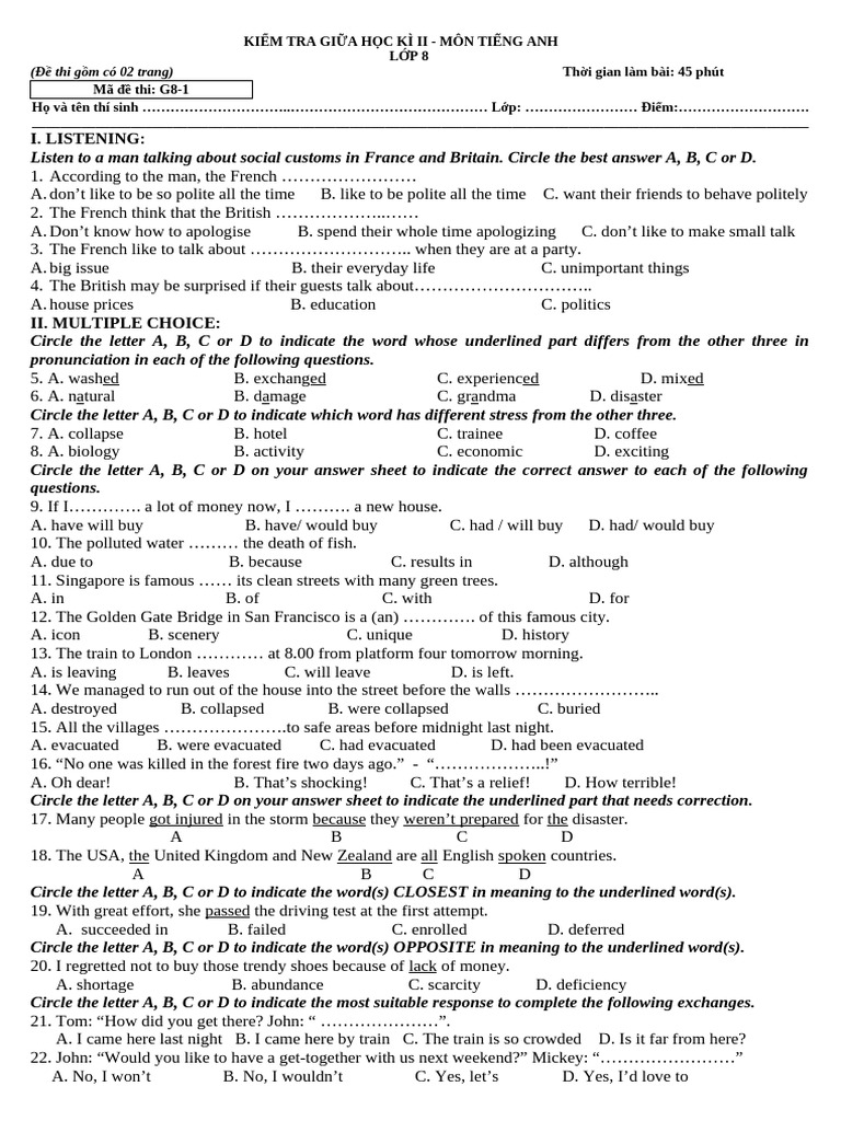 De Thi Giua Hkii Tanh 8 2 Ma de 20-21 1 253202122 | PDF | English Language | Homelessness