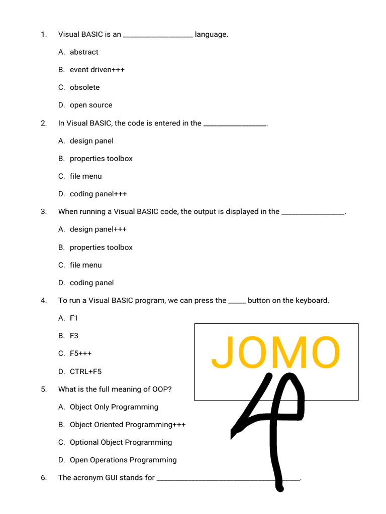 Visual Basic Programming Quiz Questions | PDF