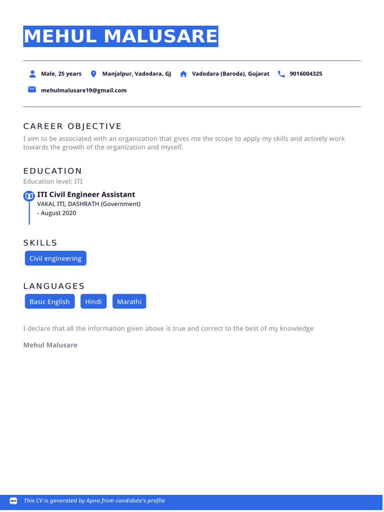 Mehul Malusare Resume Apna | PDF