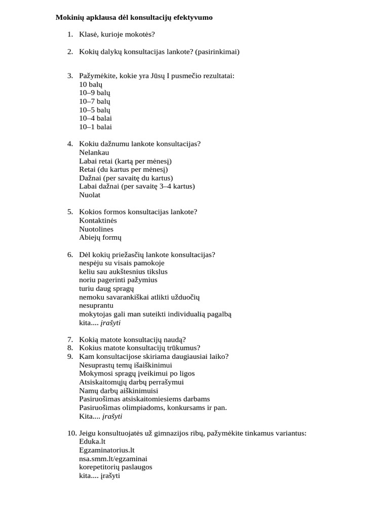 Klausimynas - Konsultacijų Efektyvumas | PDF
