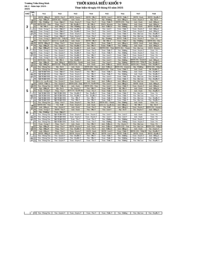 TKB K9 Tuần 20 (Từ 03-02-2025) | PDF