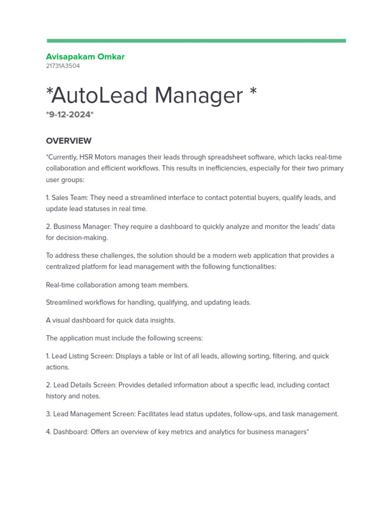 HSR Motors Lead Management Solution | PDF | Computing | Information ...