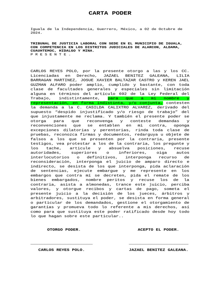 Carta Poder Laboral Carlos | PDF | Judicaturas | Gobierno