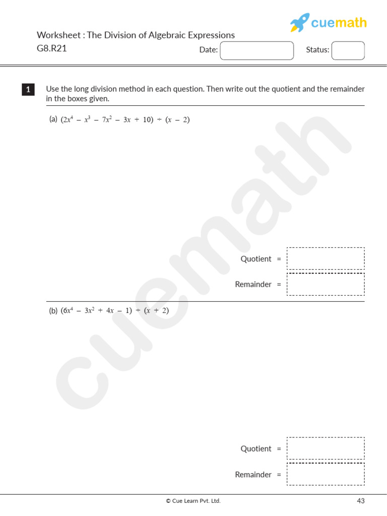 Division of Algebraic Expressions Worksheet | PDF