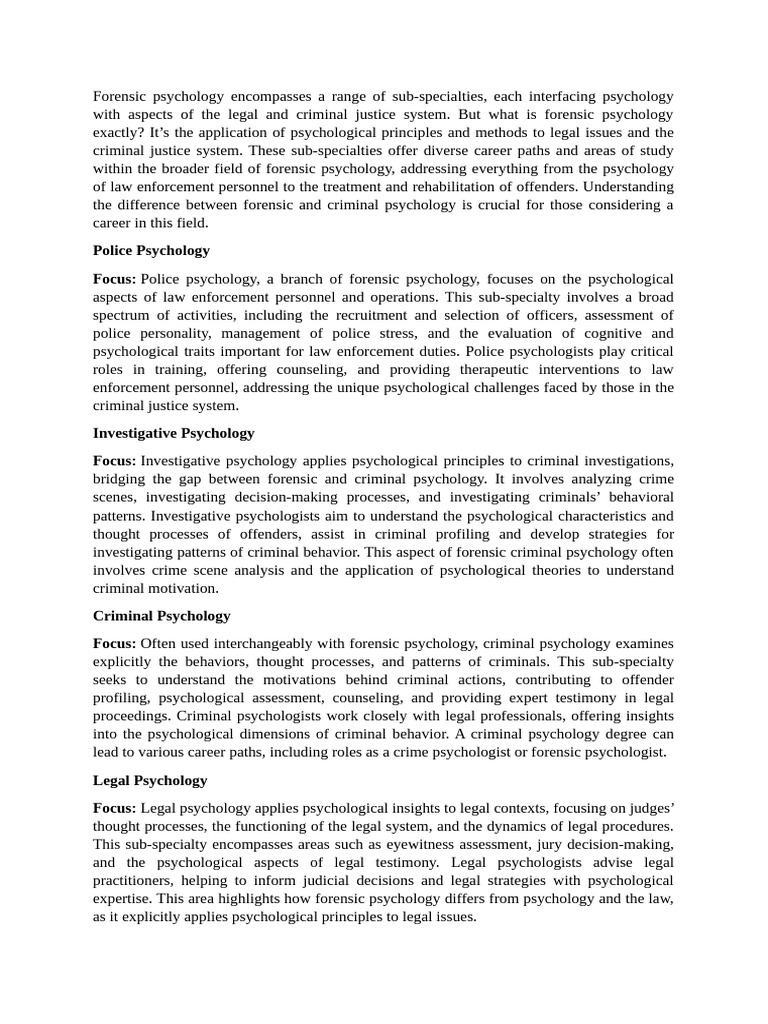 Overview of Forensic Psychology Fields | PDF | Psychology | Crimes