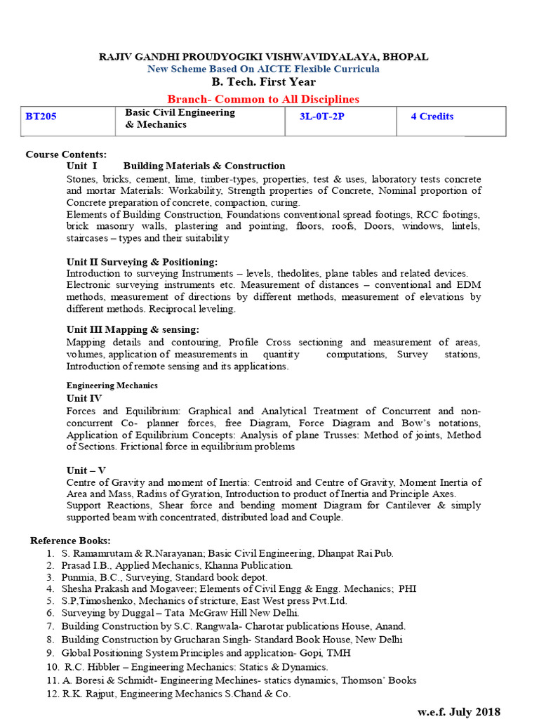 RGPV BT205 Basic Civil Engineering Syllabus | PDF | Concrete | Force