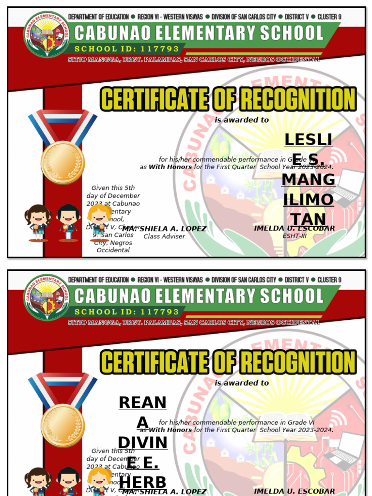 Certificate of Recognition-Honors and Perfect Attendance 1ST Quarter | PDF
