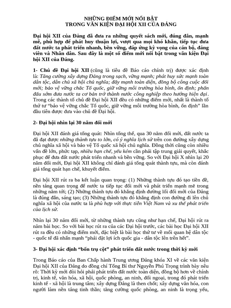 Nhung Diem Moi Noi Bat Trong Van Kien Dai Hoi Xii Cua Dang | PDF