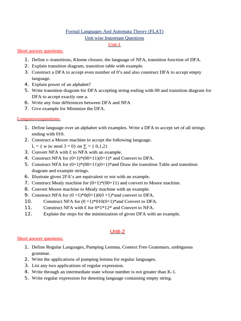 FLAT Unitwise Imp Questions | PDF | Automata Theory | Regular Expression