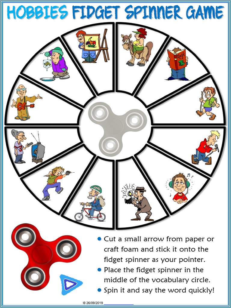 hobbies vocabulary esl printable fidget spinner game for kids | PDF