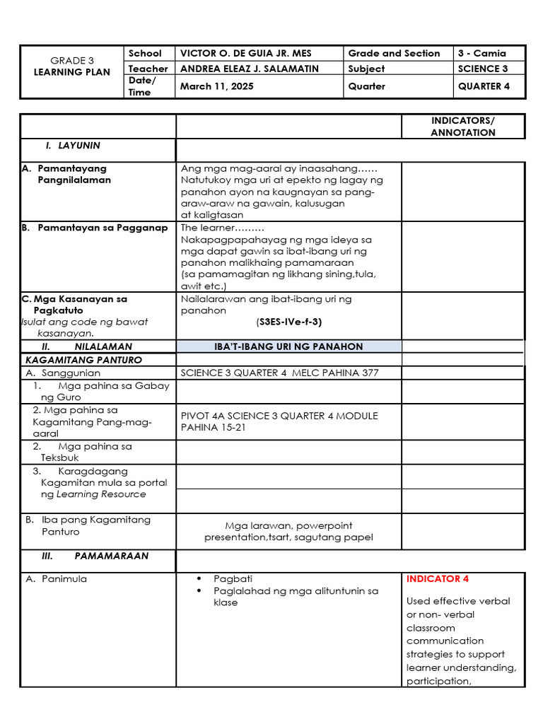 q4 Science 3 Week 3-4 DLL Uri NG Panahon | PDF
