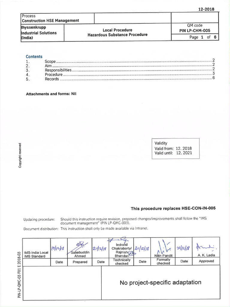 PIN LP-CHM-005.PDF (Hazardous Substances Procedure) | PDF | Dangerous ...