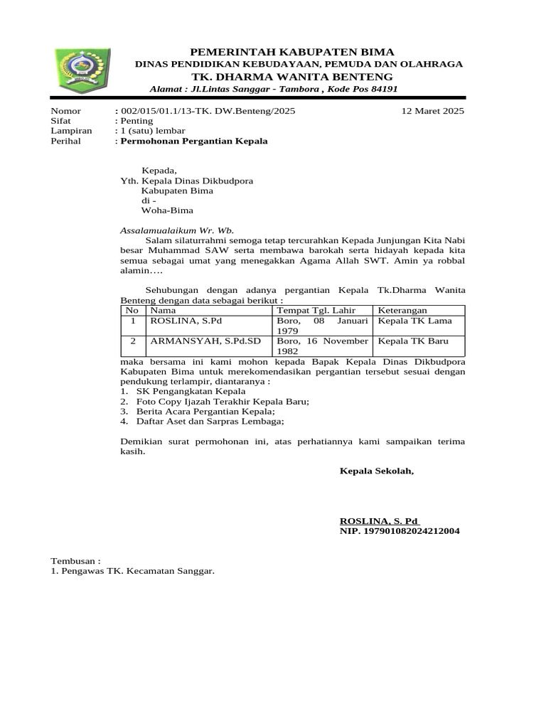 Contoh Surat Permohonan Pergantian Kepala | PDF