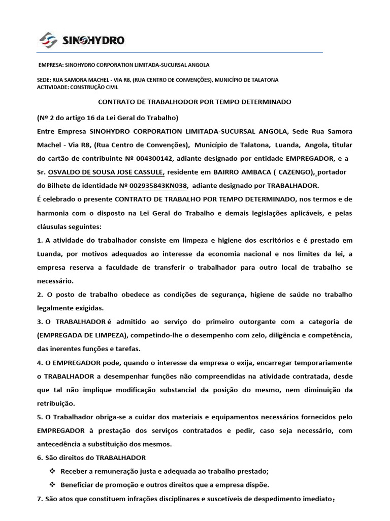 Contrato de Trabalho Osvaldo Cassule (1) . | PDF | Pessoal (trabalho) | Angola