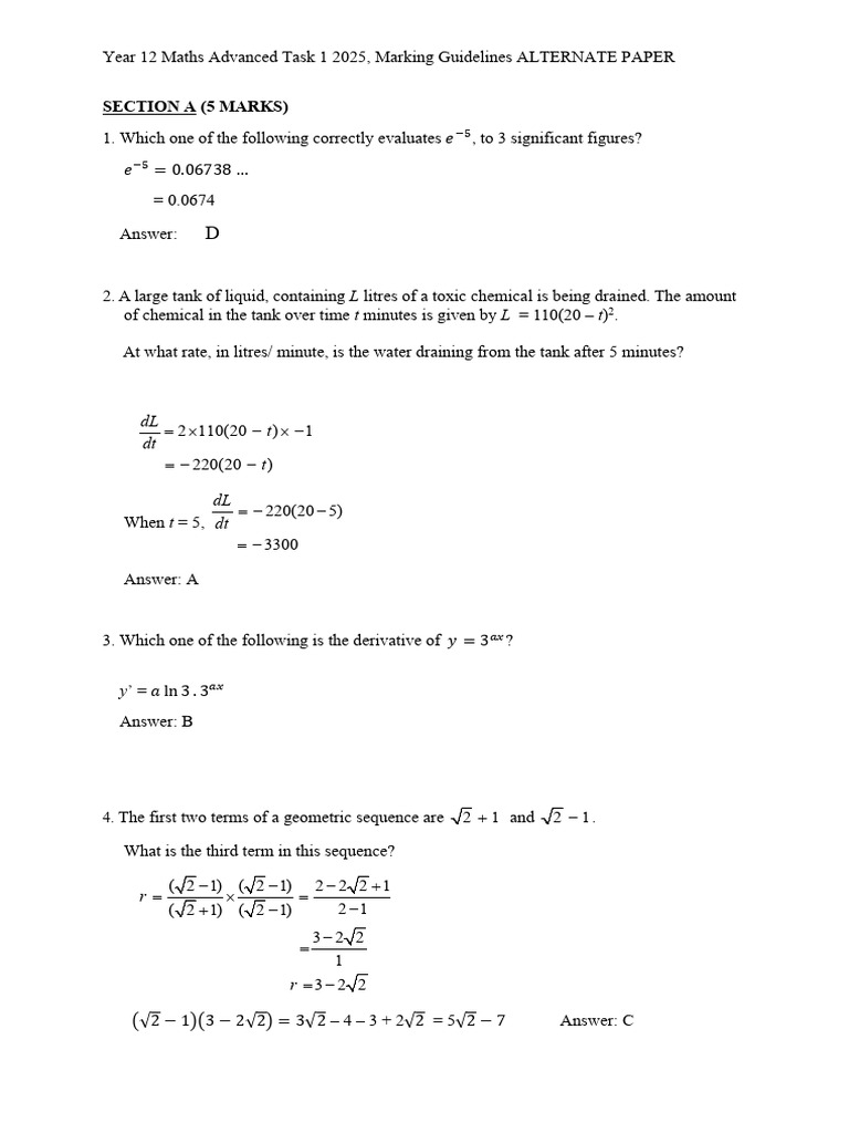Alternate_MG Task 1 2025 Y12 Maths ADV | PDF | Quadratic Equation | Logarithm