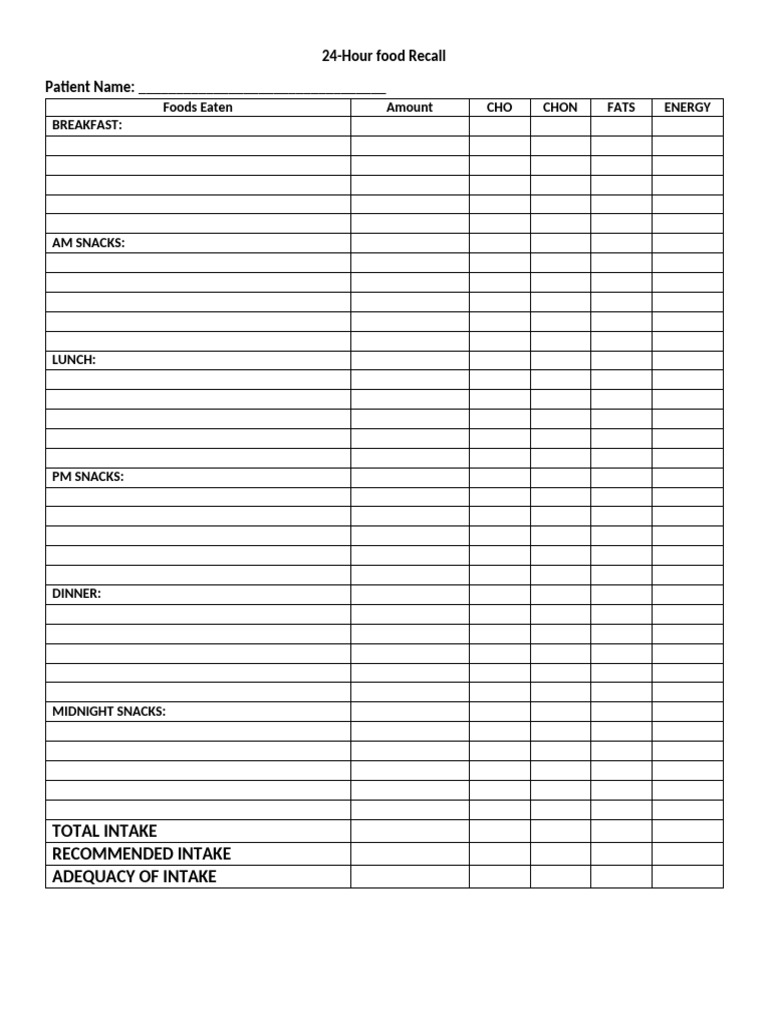 24-Hour Food Recall | PDF