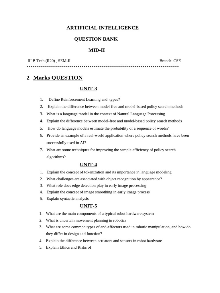 Ai Mid Ii Question Bank | PDF | Artificial Intelligence | Intelligence (AI) & Semantics