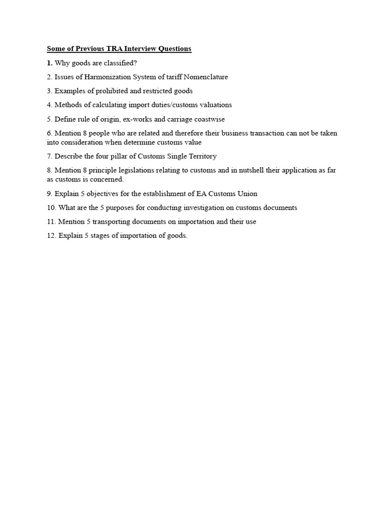 TRA Interview Questions on Customs Topics | PDF
