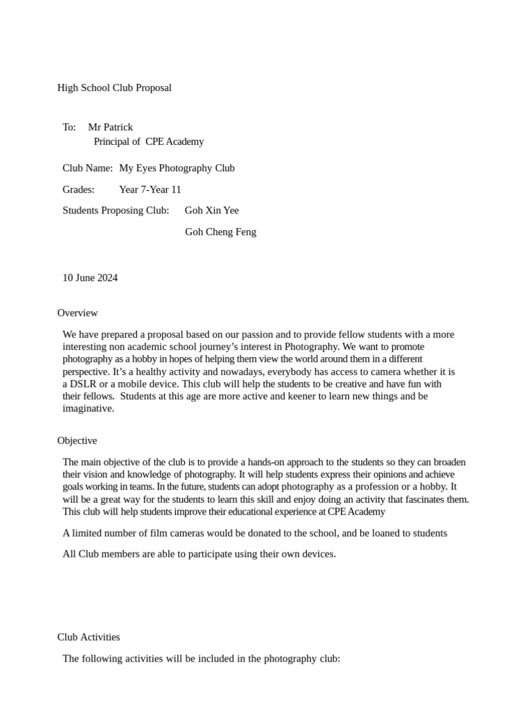 High School Club Proposal Template | PDF