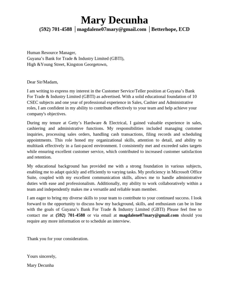 Cover Letter-Mary Decunha (Corrected) 2 | PDF