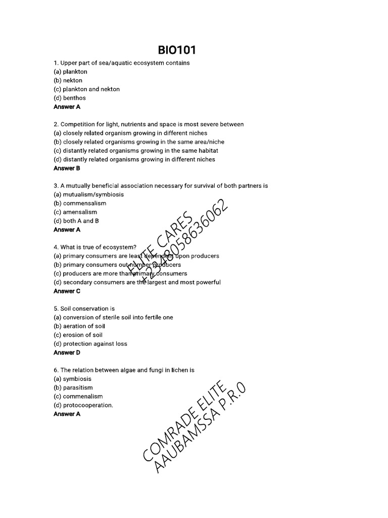 Bio101 Past Questions | PDF