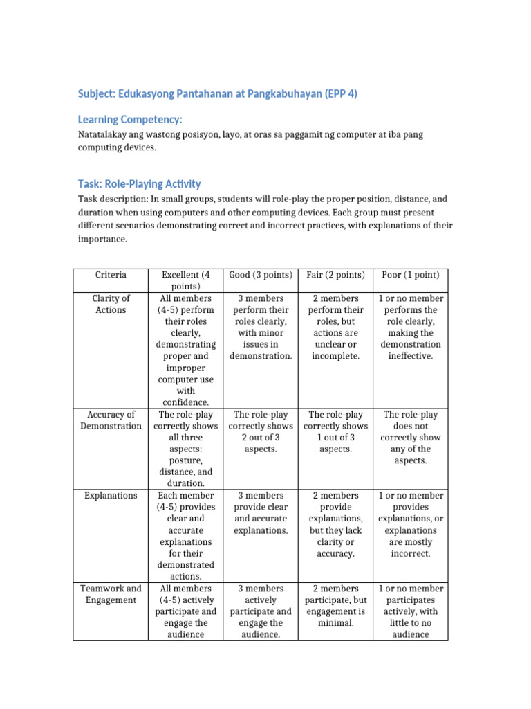 EPP4 Role Playing Rubric | PDF | Cognition | Cognitive Science