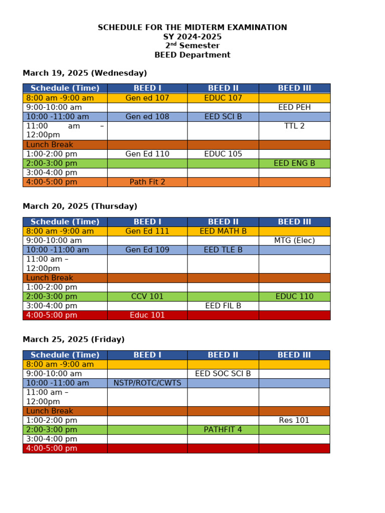 Schedule For The Midterm Examination | PDF