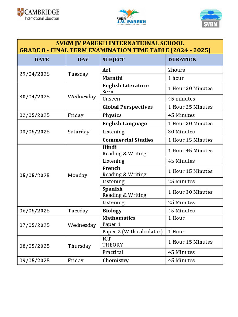 Grade 8 Final Exam Timetable 2024-25 | PDF