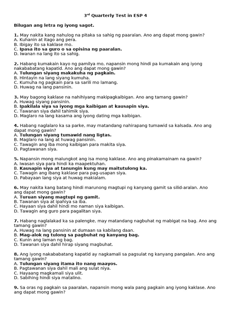3rd Quarterly Test in ESP 4 | PDF