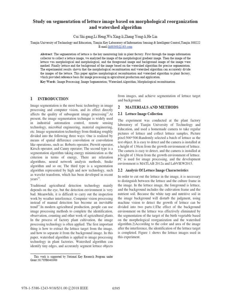 Study On Segmentation of Lettuce Image Based On Morphological Reorganization and Watershed ...