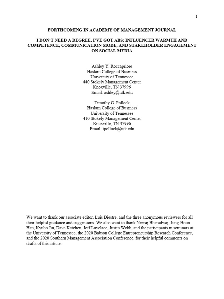 I DON’T NEED A DEGREE, I’VE GOT ABS: INFLUENCER WARMTH AND COMPETENCE ...