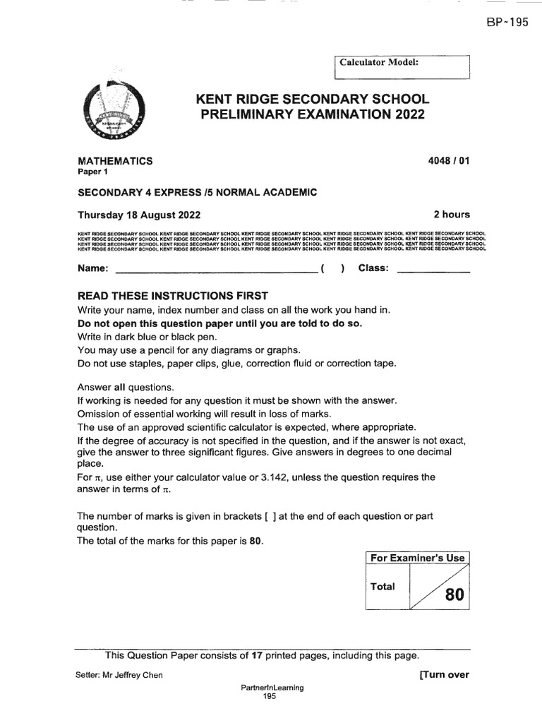 E-Math - Sec 4 - Prelims Exam Paper - 2022 - Kent Ridge Sec | PDF ...