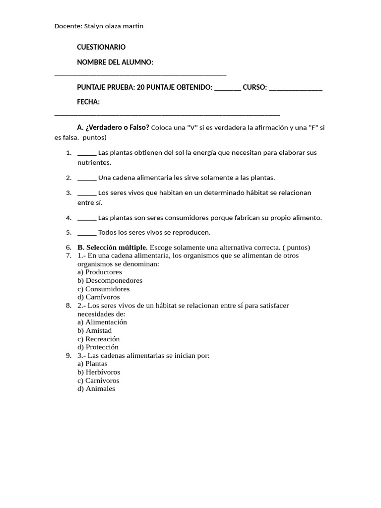 CUESTIONARIO Biologia | PDF