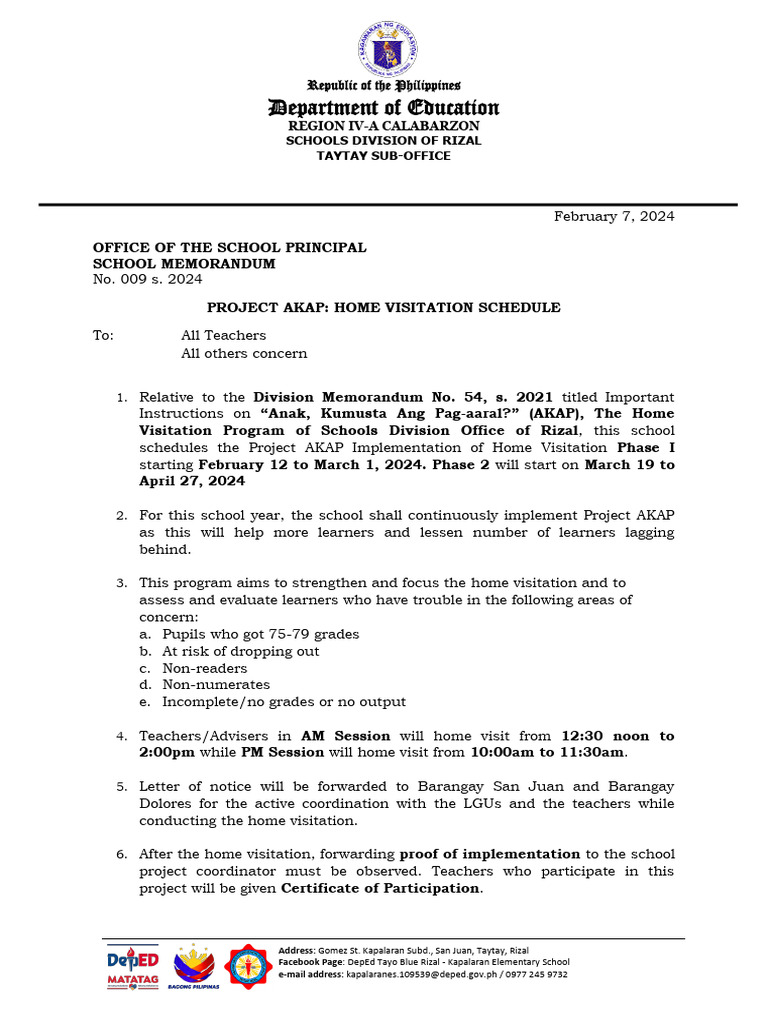 Project AKAP Home Visitation Schedule | PDF | Public Administration ...