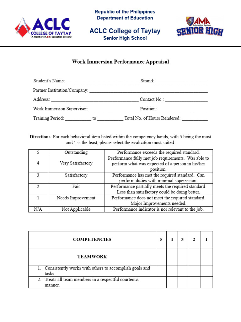 Work Immersion Performance Appraisal 1 | PDF | Performance Appraisal | Psychological Resilience