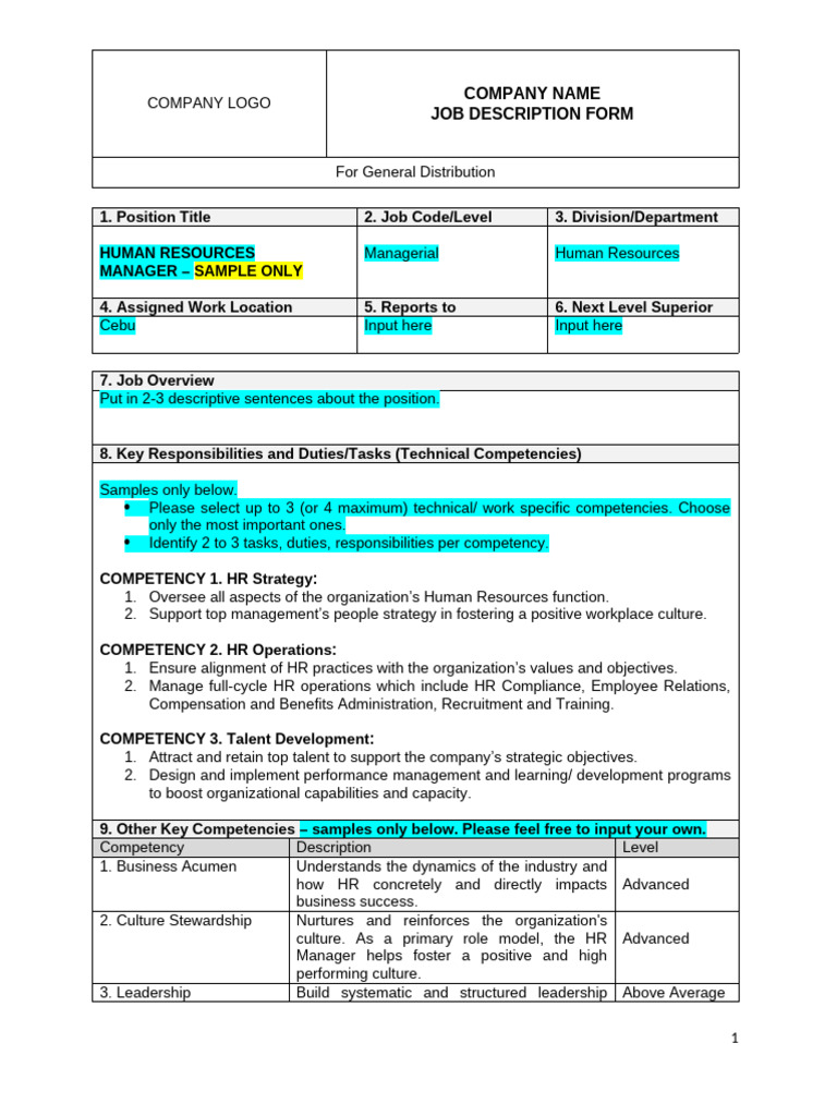 HR Manager Job Description Template | PDF | Human Resource Management ...
