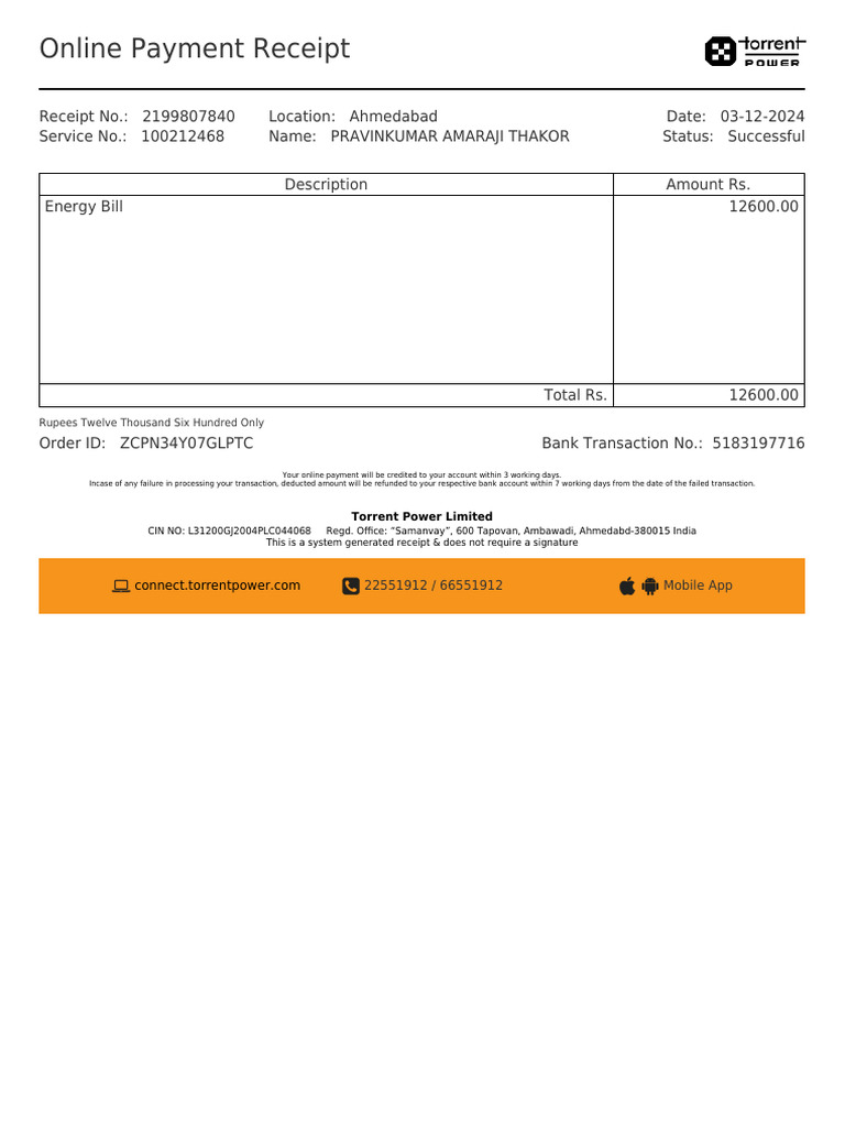 Online Payment Receipt: Rupees Twelve Thousand Six Hundred Only | PDF