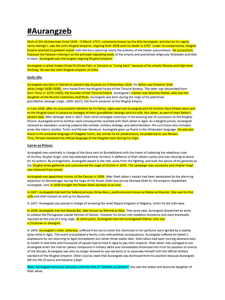 Medieval History 19 - Aurangzeb | PDF | Mughal Empire