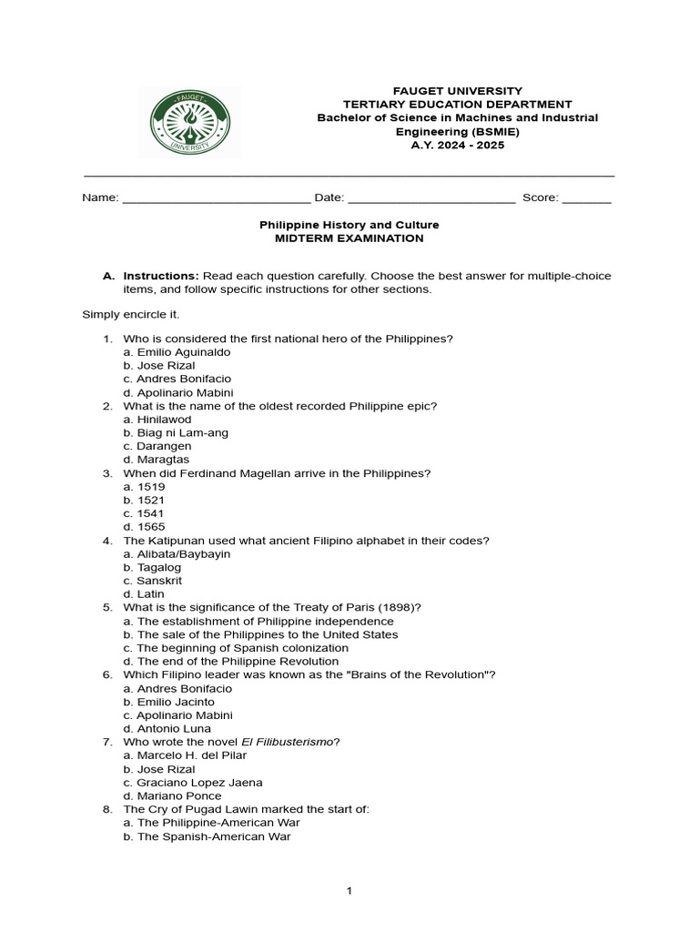 Philippine History and Culture MIDTERM EXAMINATION | PDF | Philippines | Philippines–Spain Relations